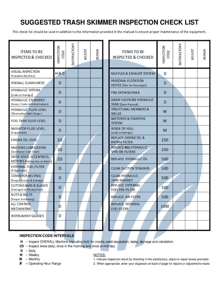 Fillable Online Trash Skimmer Maintenance and Inspection Checklist Fax ...