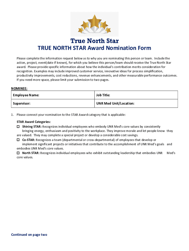 Fillable Online med unr TRUE NORTH STAR Award Nomination Form Fax Email ...
