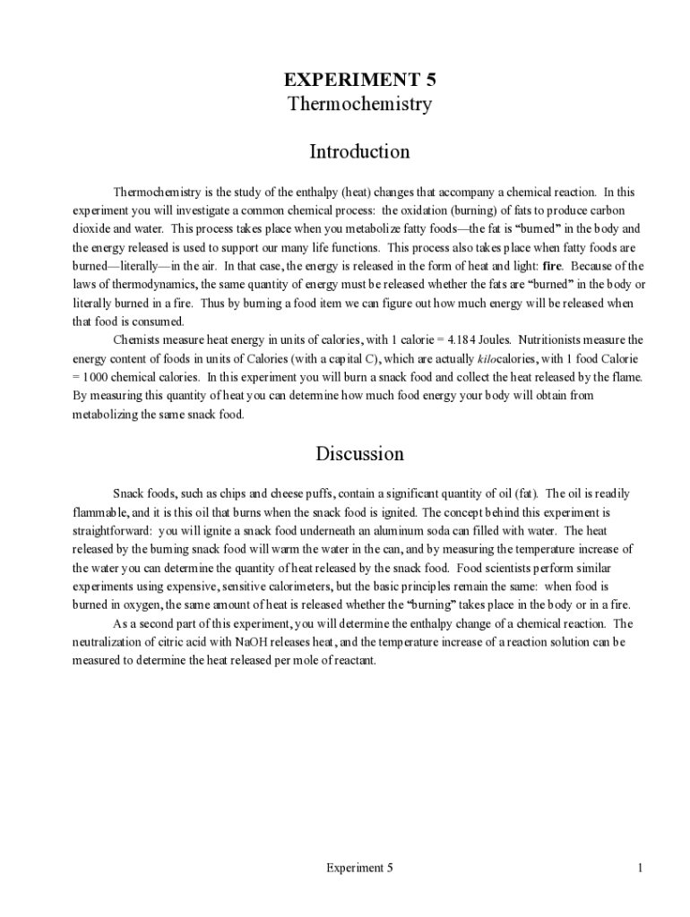 Fillable Online Measuring the Heat in Chemical Reactions - Experiment ... Fax Email Print ...