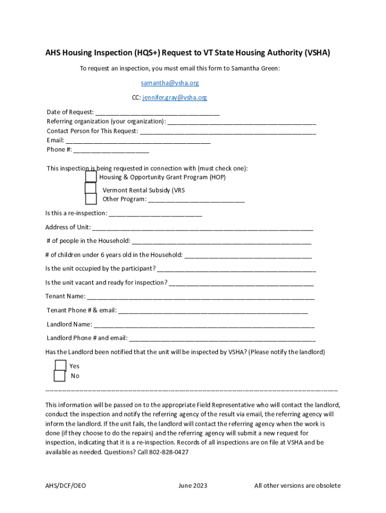 Fillable Online outside vermont AHS Housing Inspection (HQS+) Request ...