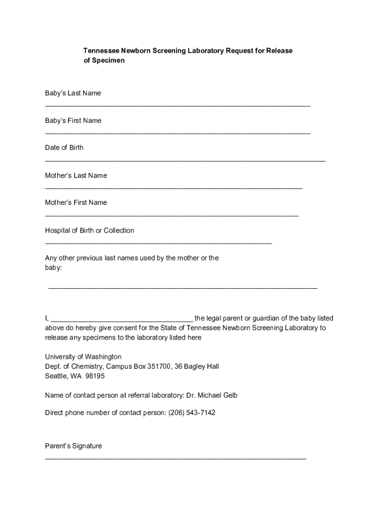 Fillable Online Tennessee Newborn Screening Laboratory Request for ...