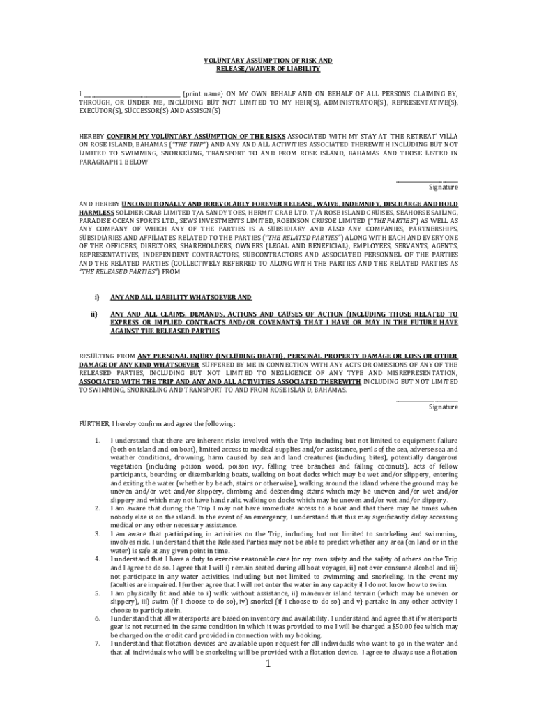 Fillable Online VOLUNTARY ASSUMPTION OF RISK AND RELEASE/WAIVER OF ...