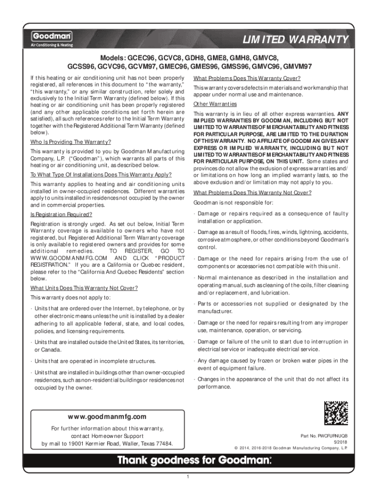 Fillable Online Goodman GCVC96 Two-Stage Gas Furnace Instruction Manual ...