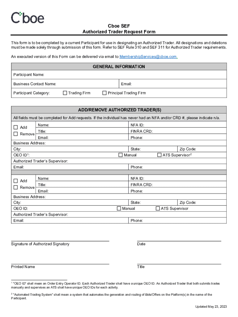 Fillable Online Cboe SEF Authorized Trader Request Form Fax Email Print ...