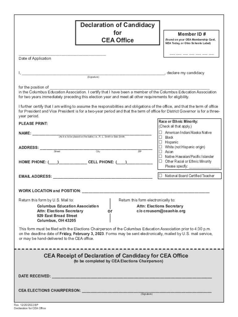 Fillable Online Declaration of Candidacy for CEA Office Fax Email Print ...