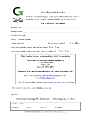 Fillable Online Monthly Pass Order Form - Salina Fax Email Print ...