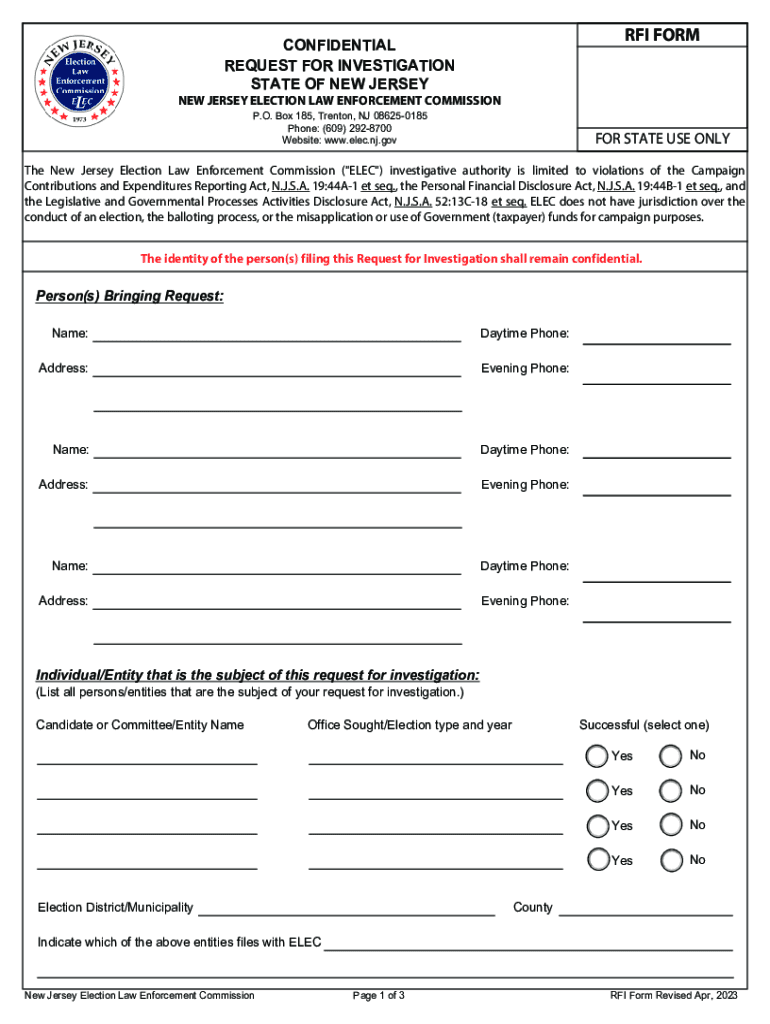 Fillable Online RFI FORM - New Jersey Election Law Enforcement ...