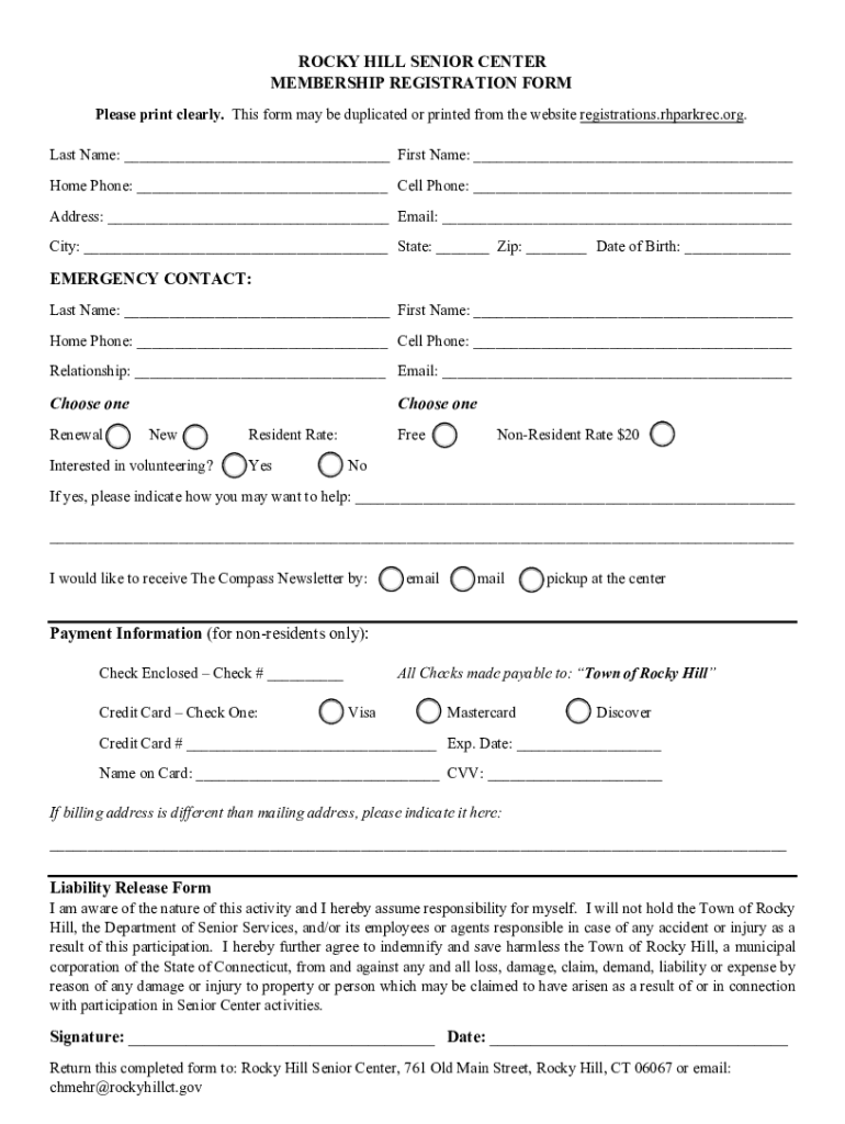 Fillable Online Rocky Hill Senior Center Membership Registration Form ...
