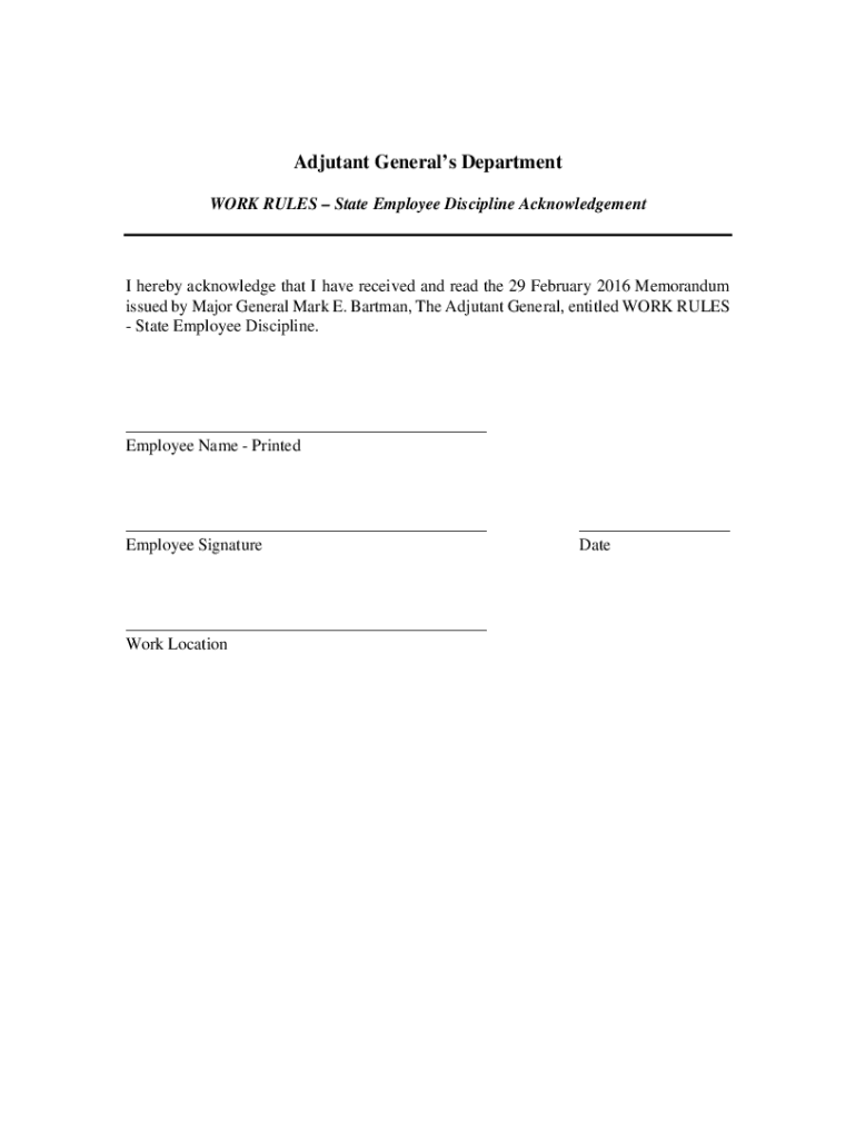 Fillable Online Work Rules - State Employee Discipline Acknowledgement ...