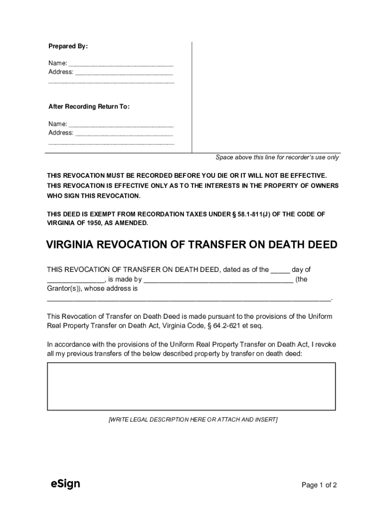 Fillable Online Virginia Revocation of Transfer on Death Deed Fax Email ...