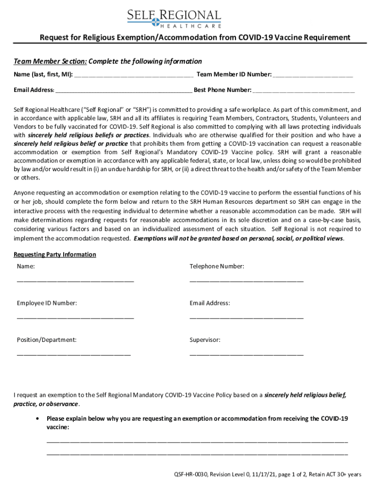 Fillable Online Request for Religious Exemption from COVID-19 Vaccine ...