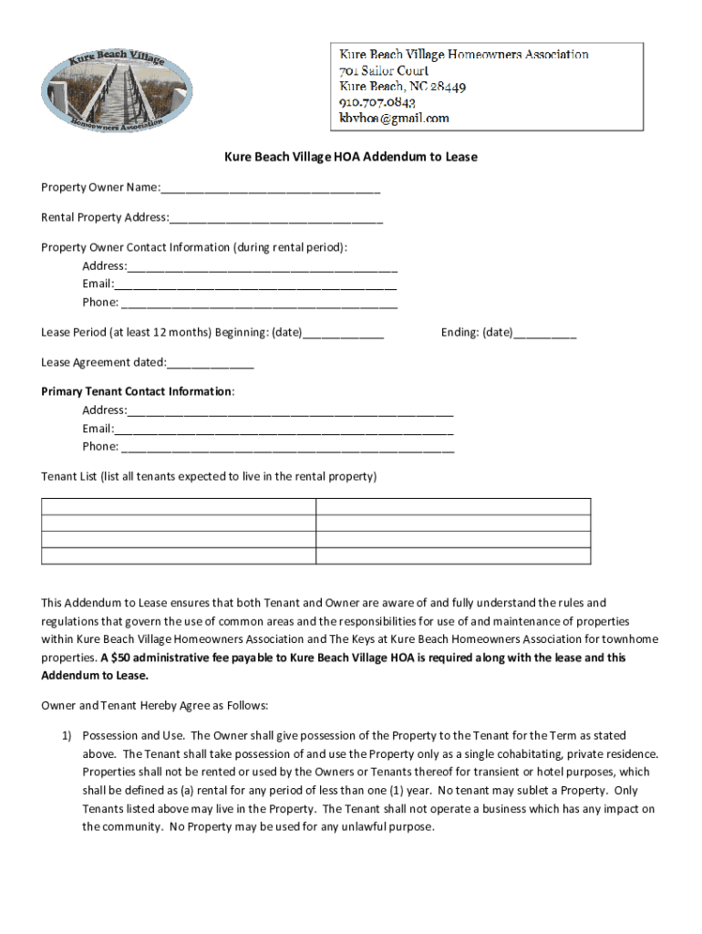 Fillable Online Kure Beach Village HOA Addendum to Lease Fax Email ...