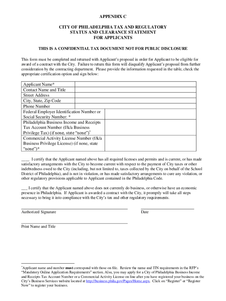 Fillable Online appendix c city of philadelphia tax and regulatory status ... Fax Email Print ...