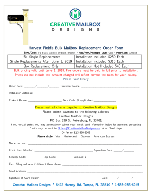 Fillable Online Harvest Fields Bulk Mailbox Replacement Order Form Fax ...