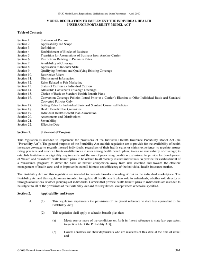 Fillable Online model regulation to implement the individual health Fax ...