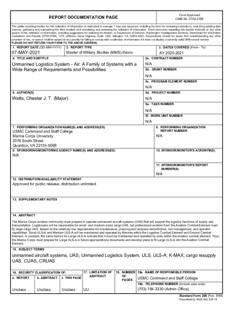 Fillable Online Unmanned Logistics System - Air. The Marine Corps ...