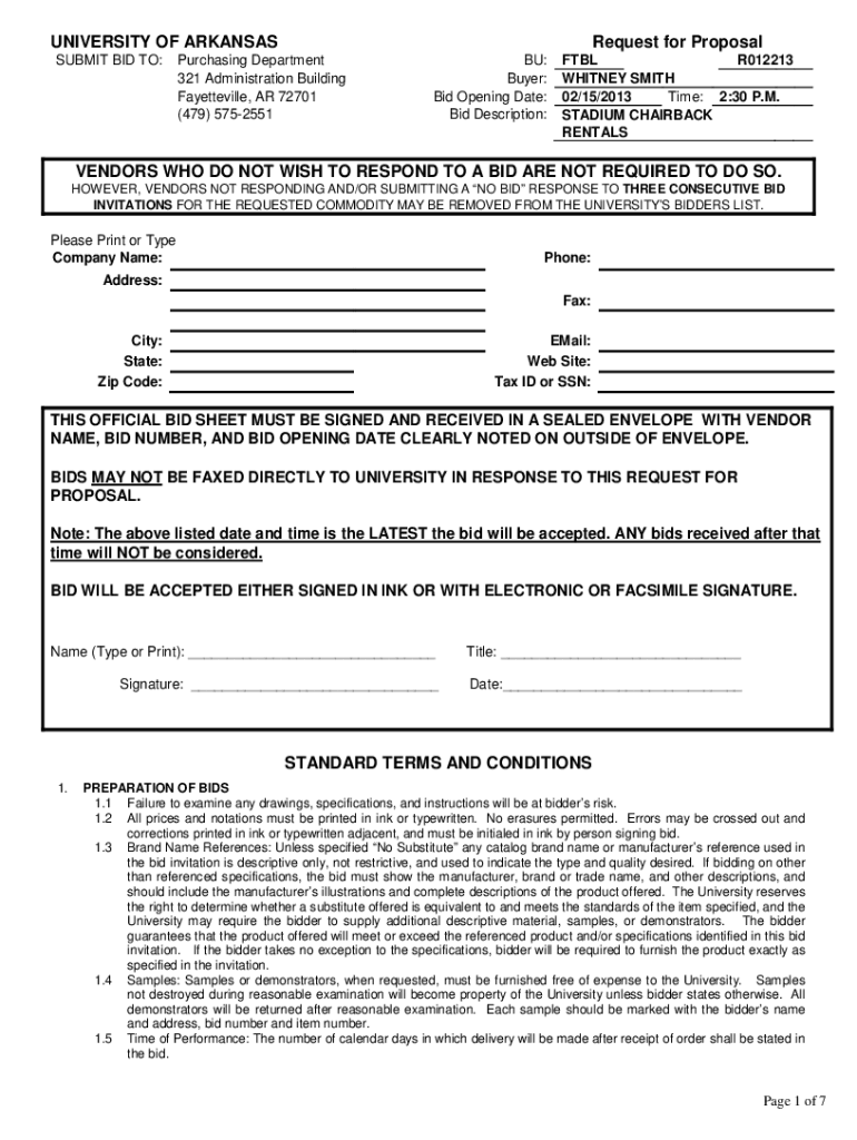 Fillable Online procurement uark RFP document - Hogbid - University of ...