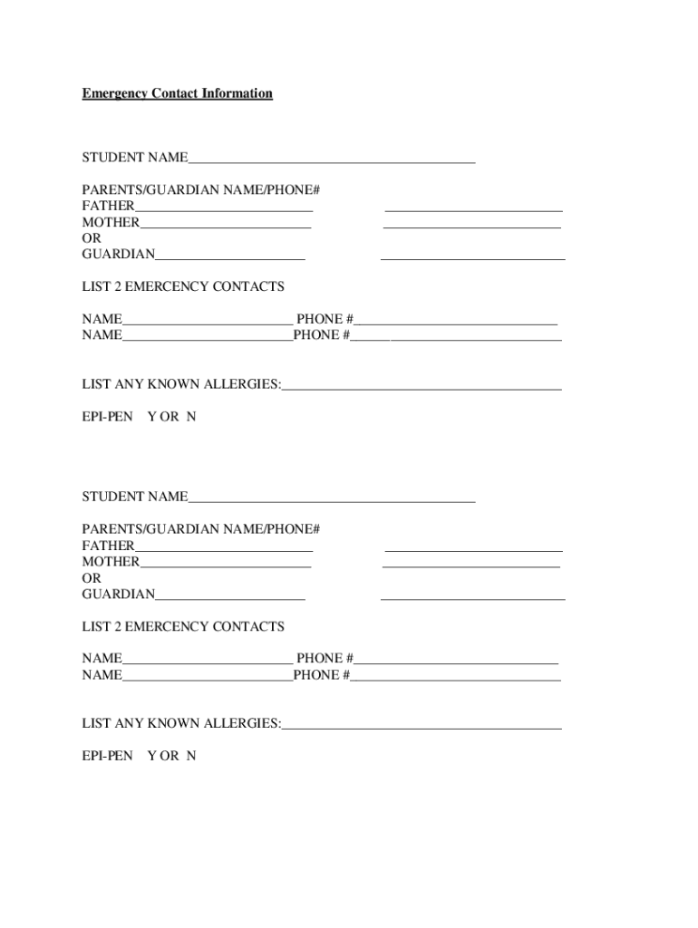 Fillable Online CASD Field Trip/Emergency Information Student Name Fax ...