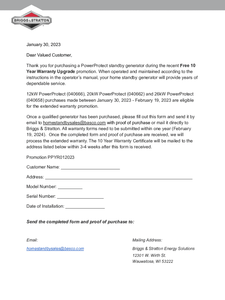 Fillable Online FREE 10 Year Extended Warranty Promo - Better Power ...