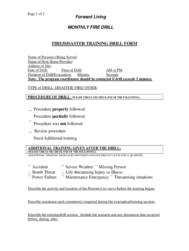 Fillable Online FIRE/DISASTER TRAINING DRILL FORM Procedure properly ...