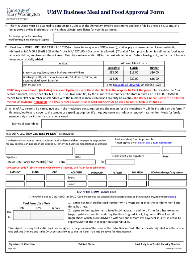 Fillable Online documents umw UMW Business Meal and Food Approval Form ...