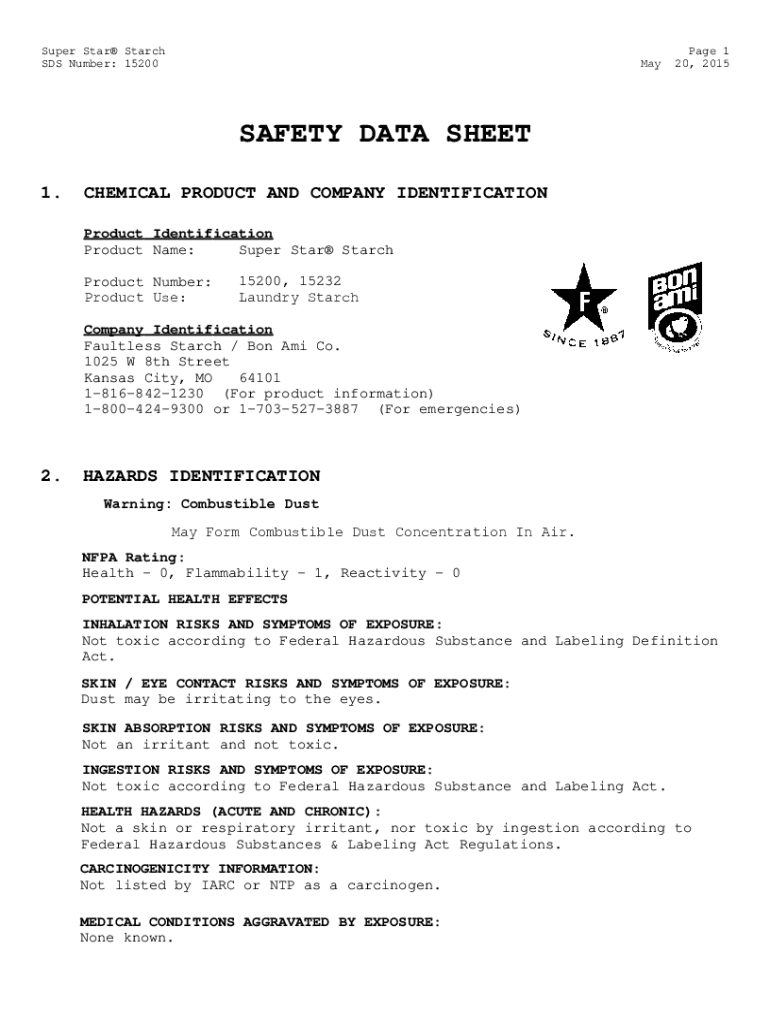 Fillable Online Starch SDS.pdf - SAFETY DATA SHEET Creation Date... Fax ...