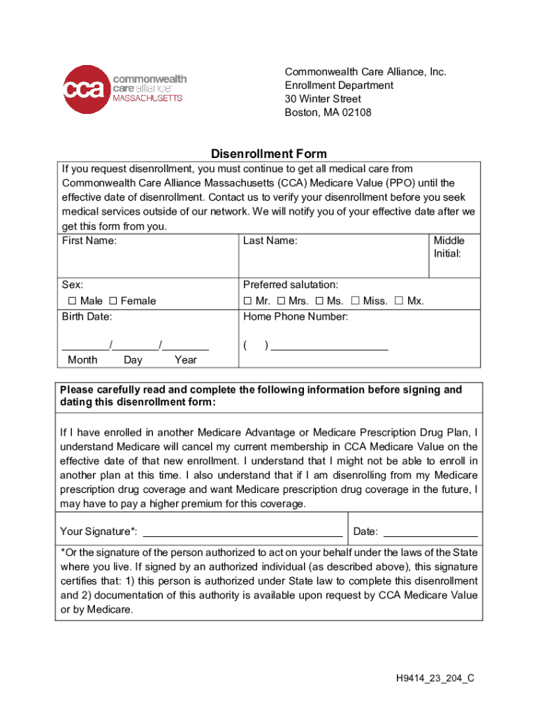 Fillable Online CCA MA Medicare Premier (PPO) Disenrollment Form Fax ...