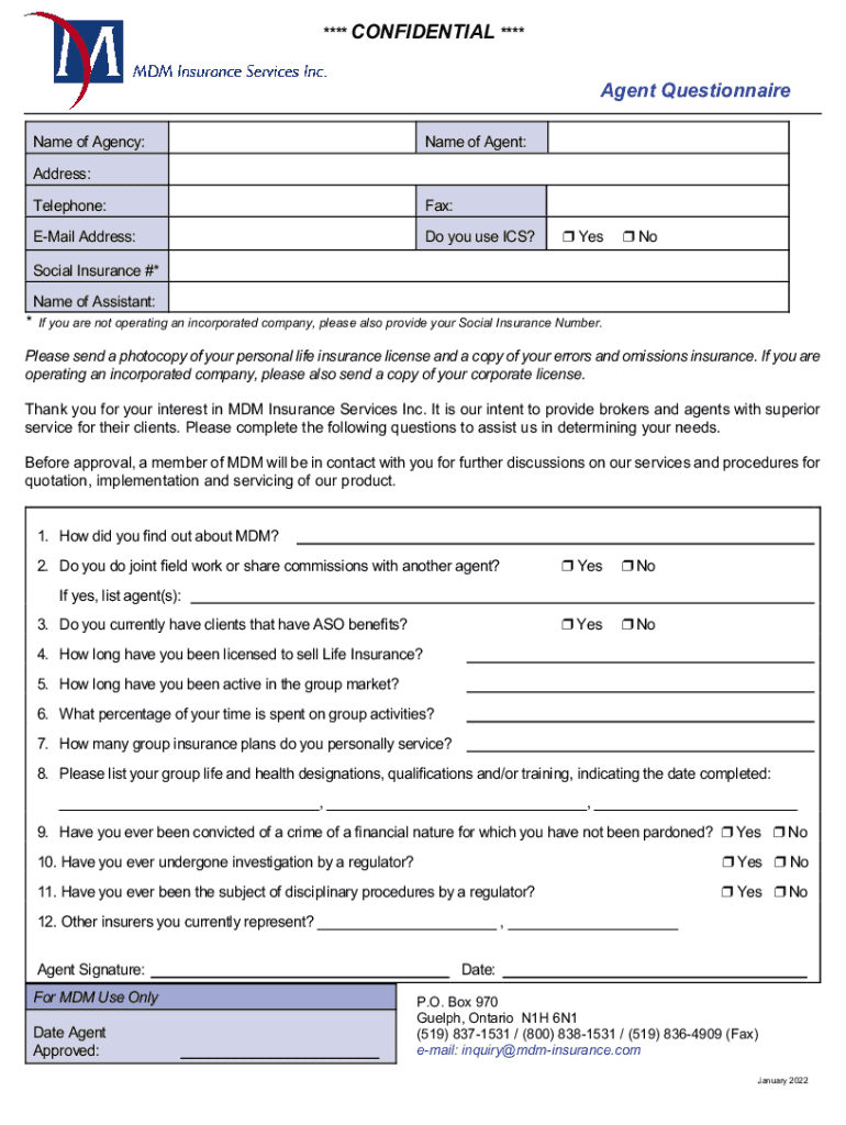 Fillable Online Fillable Online Agent Questionnaire **** CONFIDENTIAL Fax Email Print - pdfFiller