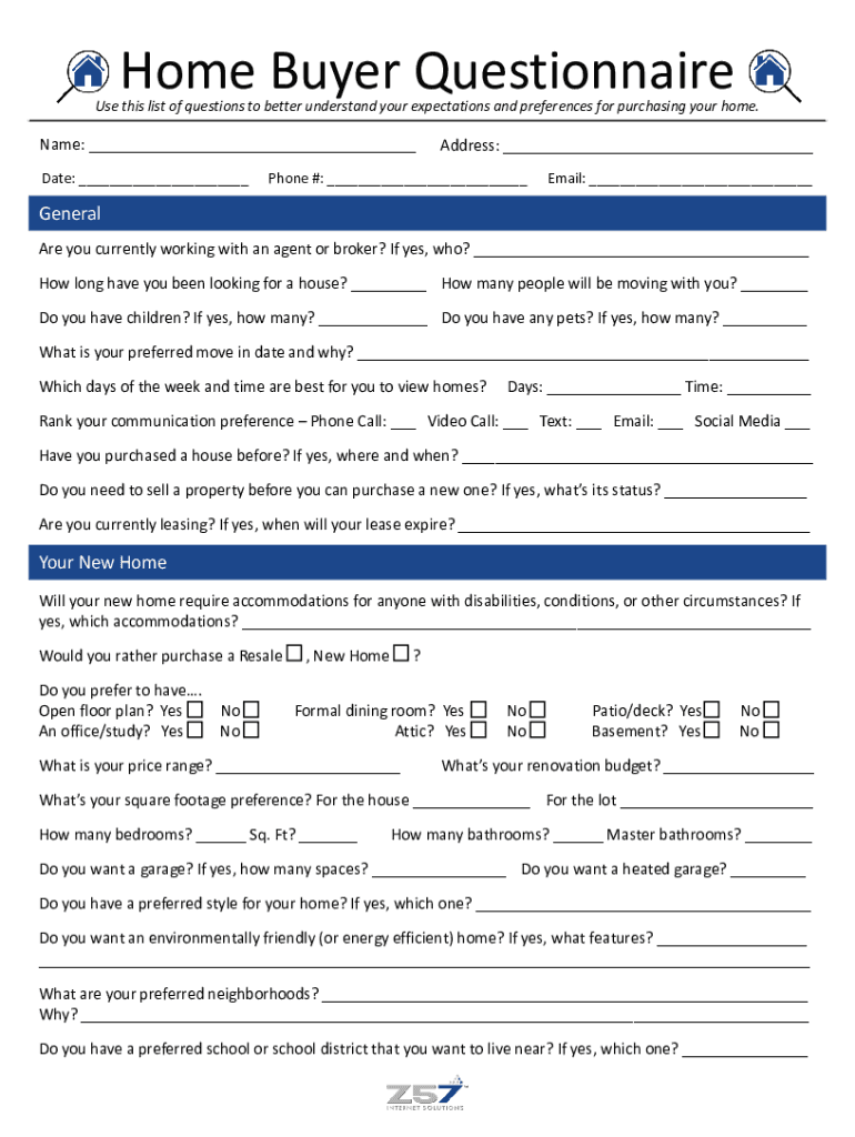 Fillable Online Home Buyer Questionnaire Sheet Buyer Survey Fillable ...