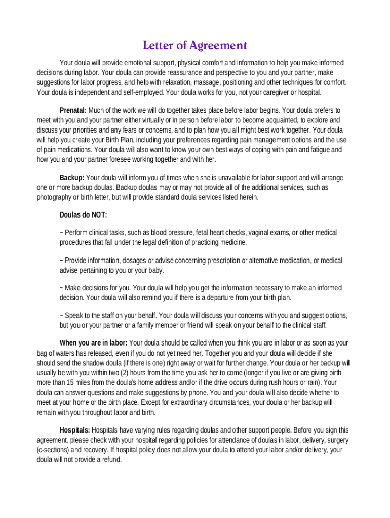 Fillable Online Letter of Agreement for Doula Services Fax Email Print ...