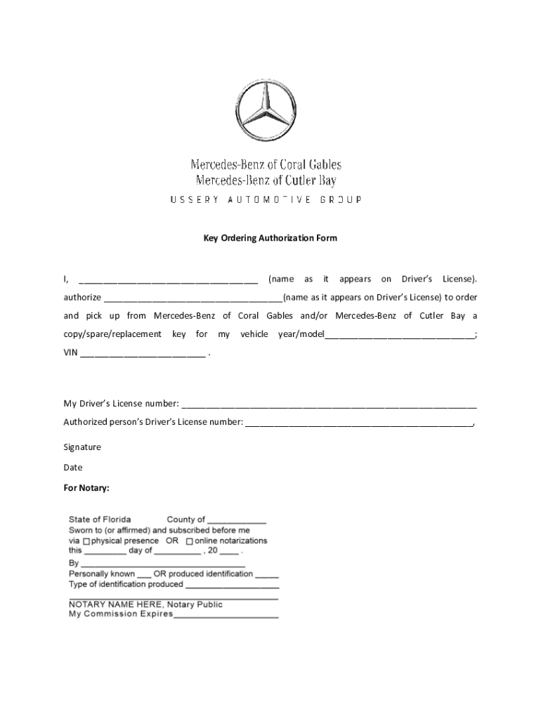 Fillable Online Key Ordering Authorization Form I Fax Email Print ...
