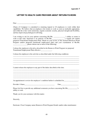 Fillable Online sample philosophy of a return-to-work program employees ...