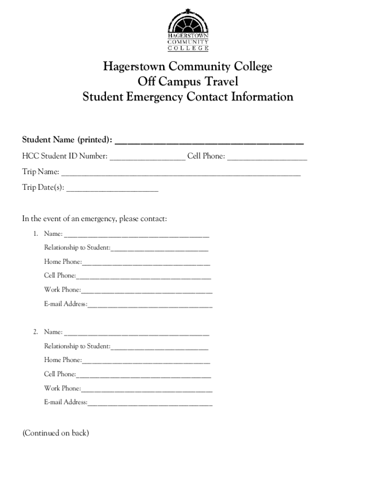 Fillable Online Student Emergency Contact Information for Off-Campus ...