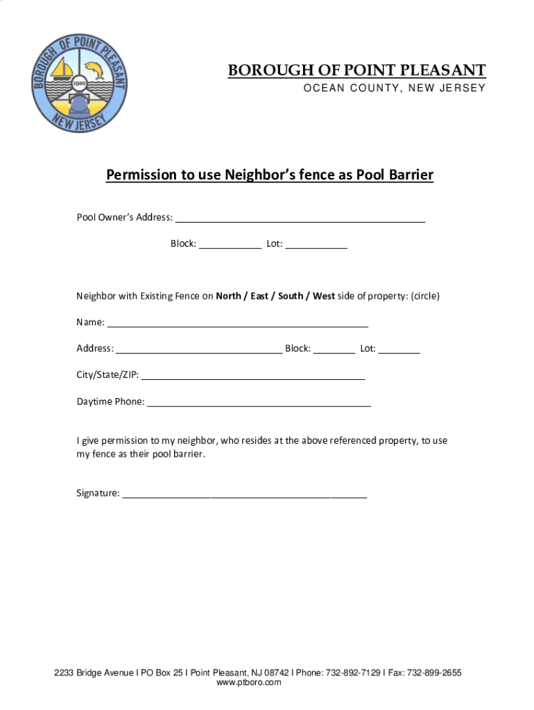 Fillable Online Permission to use Neighbor's fence as Pool Barrier Fax ...