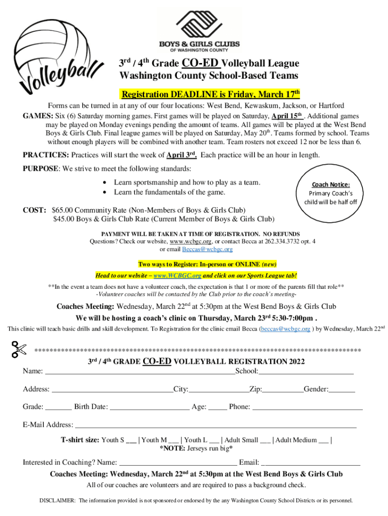 Fillable Online / 4th Grade GIRLS Volleyball League Washington County ...