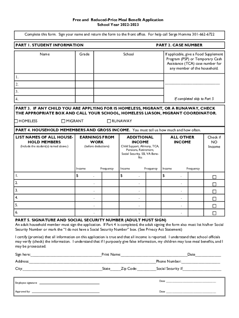Fillable Online Free and Reduced-Price Meal Benefit Application School ... Fax Email Print ...
