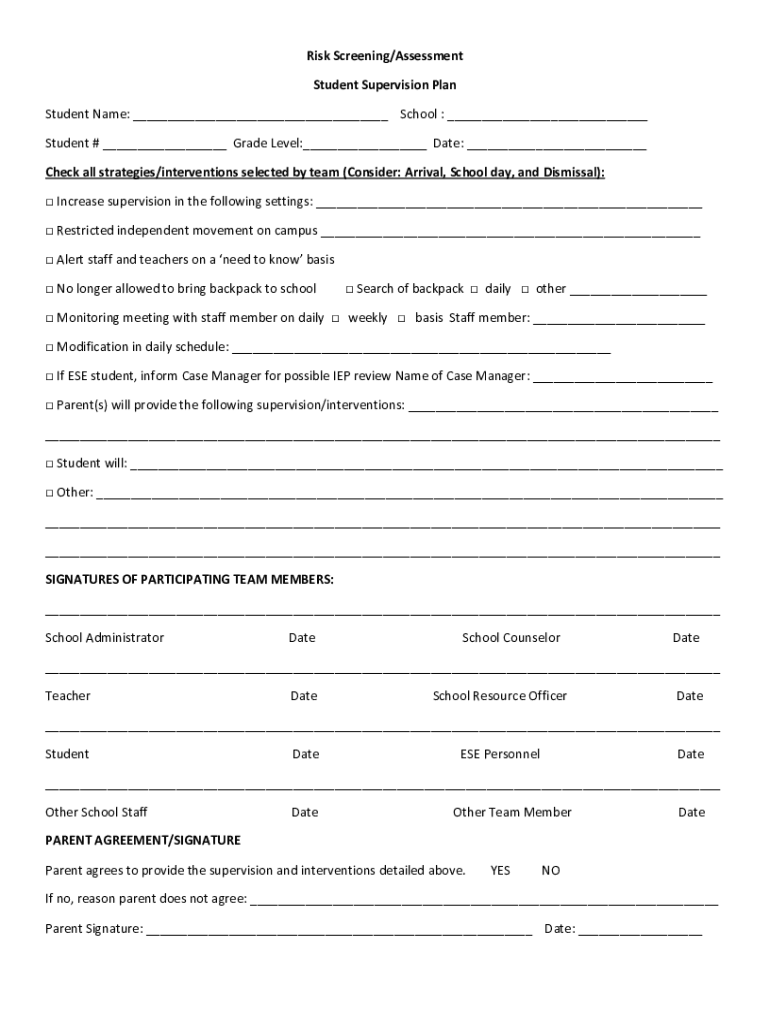 Fillable Online Risk Screening/Assessment Student Supervision Plan Fax ...