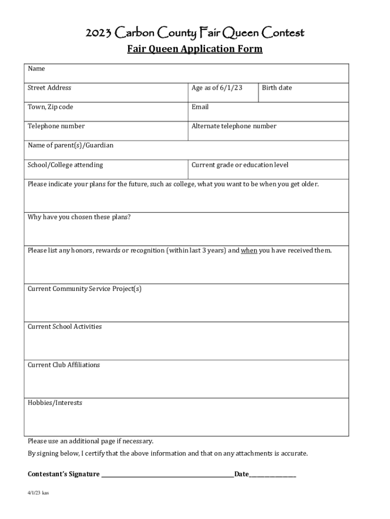 Fillable Online Fair Queen Application Form Fax Email Print - pdfFiller