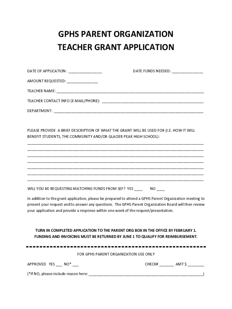 Fillable Online GPHS Parent Organization Teacher Grant Application ...