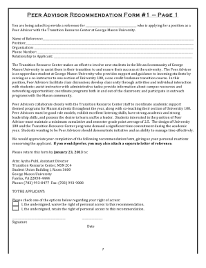 Fillable Online Peer Advisor Recommendation Form - University Studies ...