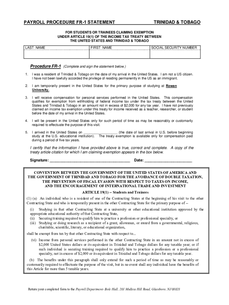 Fillable Online PAYROLL PROCEDURE FR-1 STATEMENT TRINIDAD & ... Fax ...