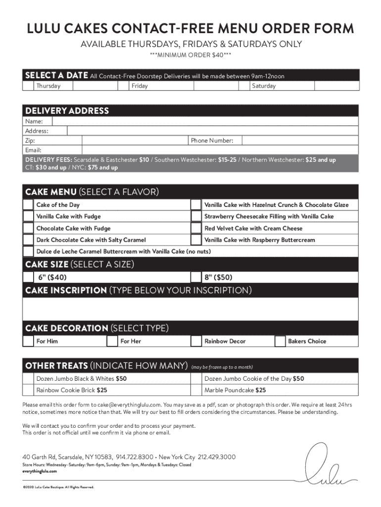 Fillable Online LULU CAKES CONTACT-FREE MENU ORDER FORM Fax Email Print - pdfFiller