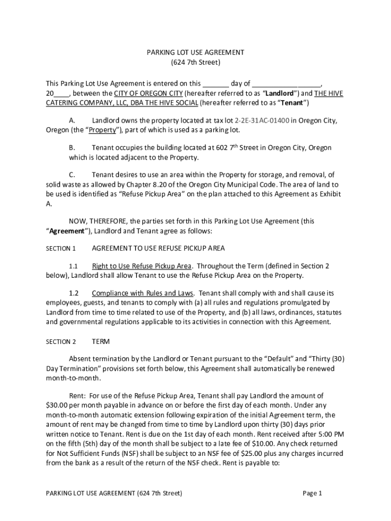 Fillable Online PARKING LOT USE AGREEMENT (624 7th Street) This ... Fax ...