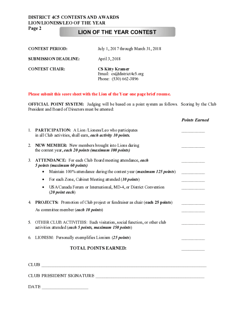 Fillable Online 2018 Lion of the Year Score Sheet.doc Fax Email Print ...