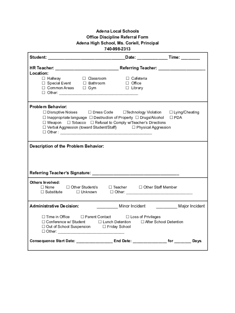 Fillable Online Adena Local Schools Office Discipline Referral Form Fax ...