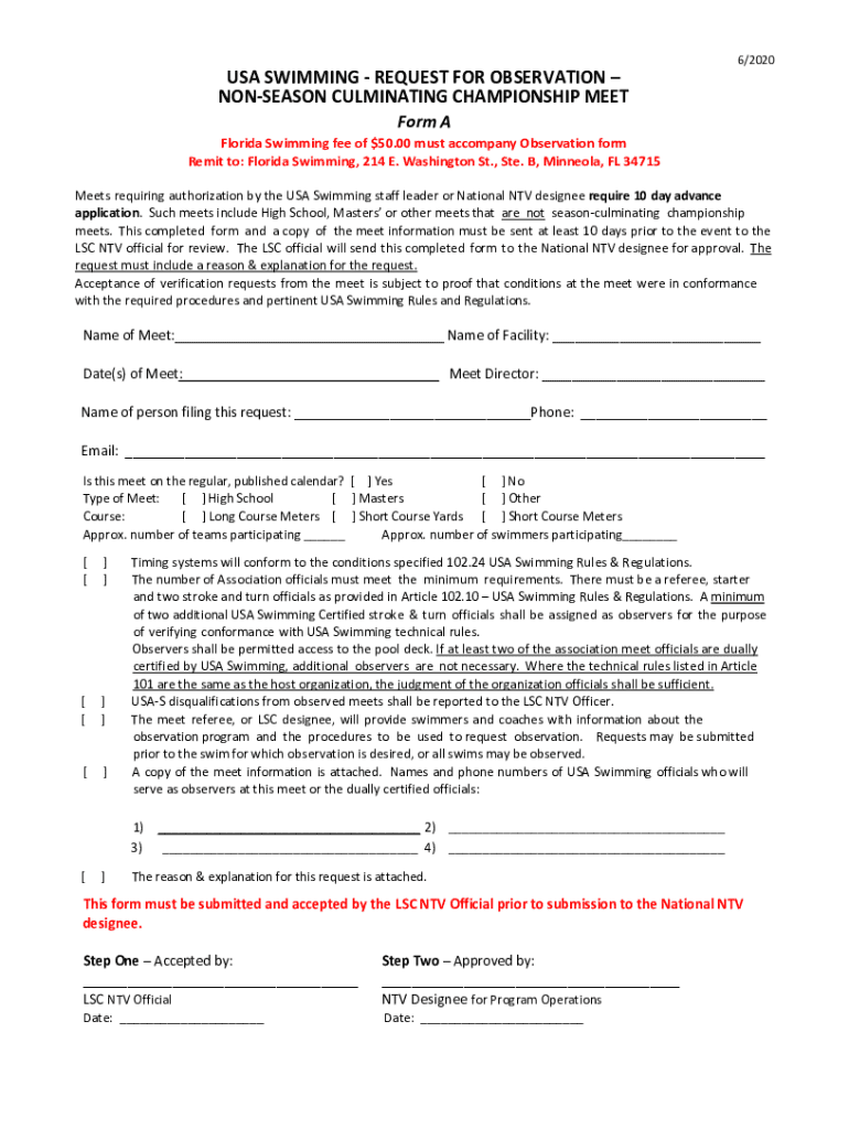 Fillable Online USA SWIMMING - REQUEST FOR OBSERVATION Fax Email Print ...