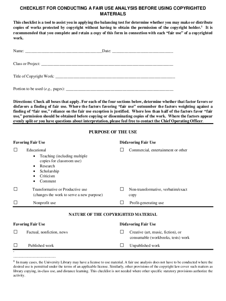 Fillable Online 104- checklist for conducting a fair use analysis ...