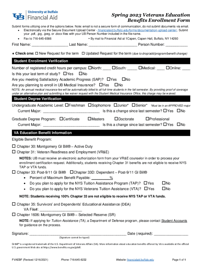 Fillable Online financialaid buffalo Veteran Education Benefit Enrollment Form Fax Email Print ...