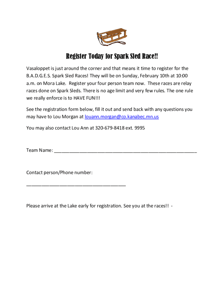 Fillable Online Register Today for Spark Sled Race!! Fax Email Print ...