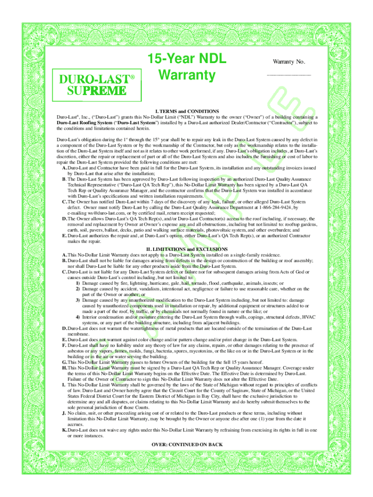 Fillable Online 15-Year NDL Warranty - COUNTRY CLUB VILLAS Fax Email Print - pdfFiller